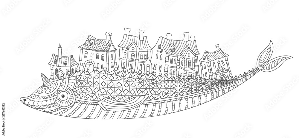 Poster Hand drawn fairy tale fish with a crest of medieval houses ...