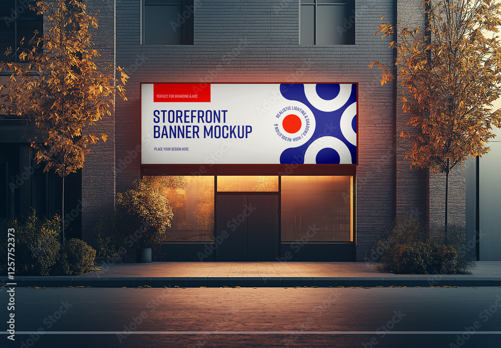 Urban Storefront Banner Mockup – Evening Scene with Illuminated Shop ...