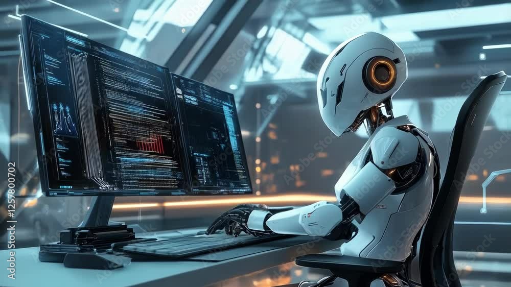 Futuristic humanoid robot works computer with multiple screens displaying complex code. Concept ...