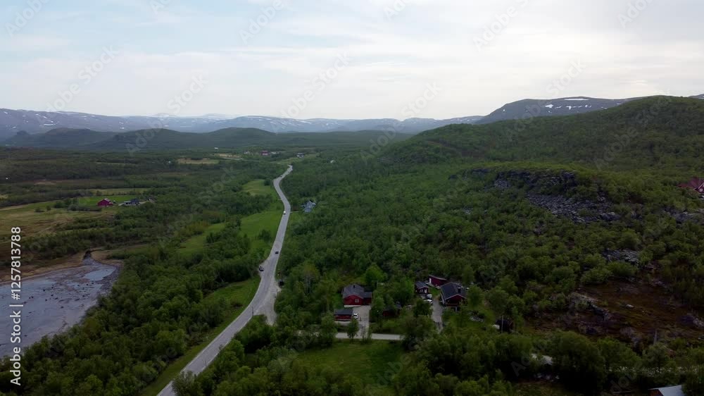 Aerial view of Norway wilderness forest landscape drone fly above north ...