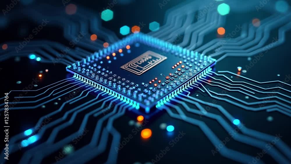 An integrated microchip shining with blue light on a dark background. A ...