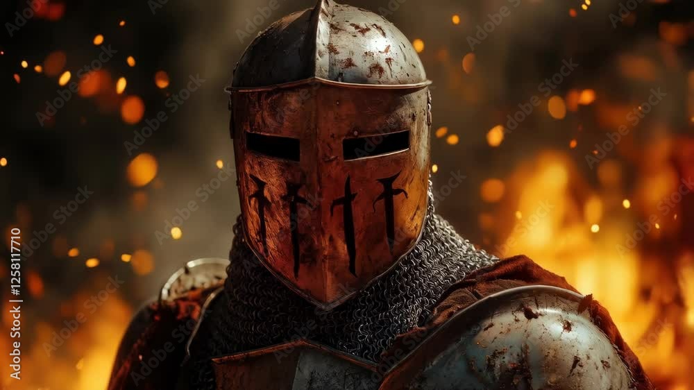 Medieval knight wearing a battle-worn Templar helmet and chainmail ...