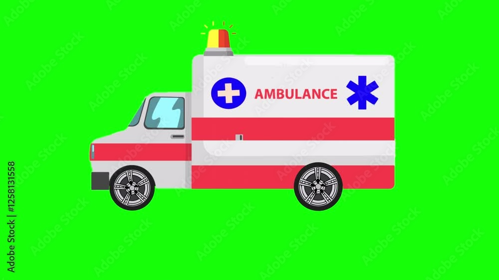 motion of ambulance car with flashing lights, fnimation, green screen ...
