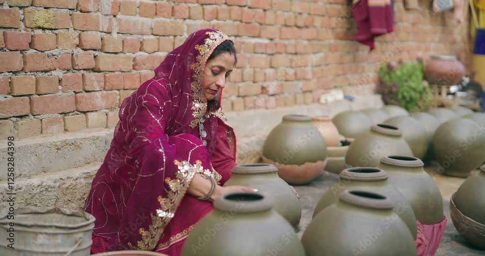 Indian village woman wear traditional saree sitting outdoor make hand ...