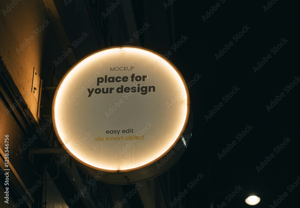 Circular Store Sign with Neon Lights Mockup Stock Template | Adobe Stock