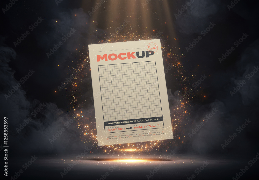 Floating Poster Vertical Page Mockup with Magic Playing Particles Stock ...