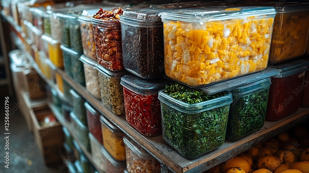 Poster Unlabeled and expired food containers in a dusty storage rack ...