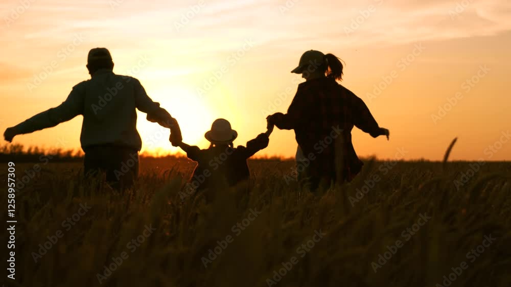 Vidéo Stock happy family running wheat field. family farm. father ...