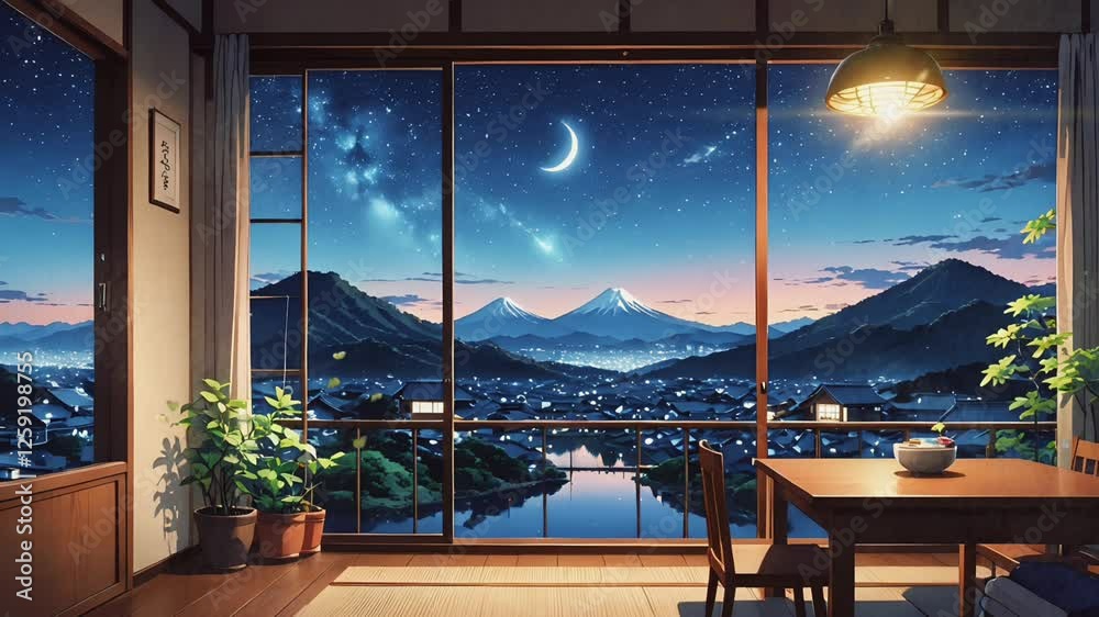Serene night scene viewed from a Japanese-style room. Seamless looping ...
