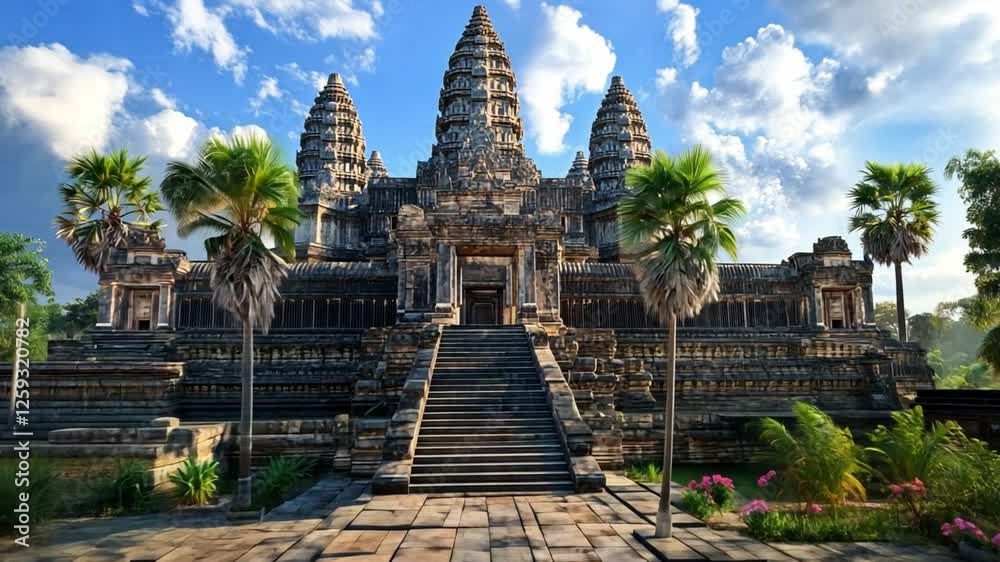 Angkor Wat Majesty: The magnificent Angkor Wat temple in Cambodia stands tall against a vibrant ...