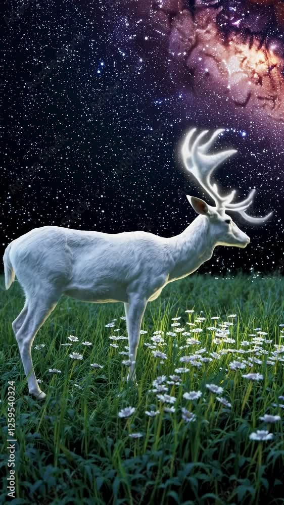 A surreal video concept featuring a glowing white deer under a starry ...