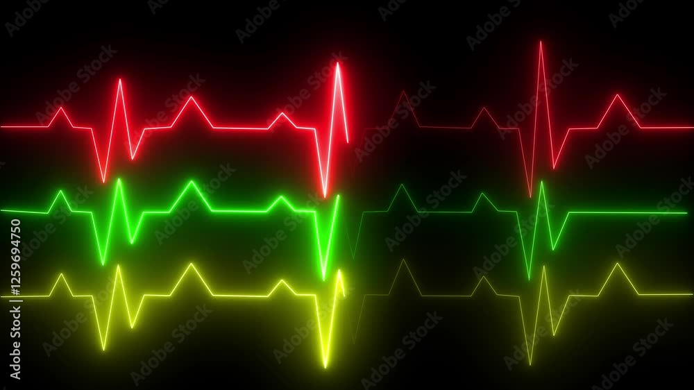 Neon ECG pulse rate animation on black background. Neon heartbeat line ...