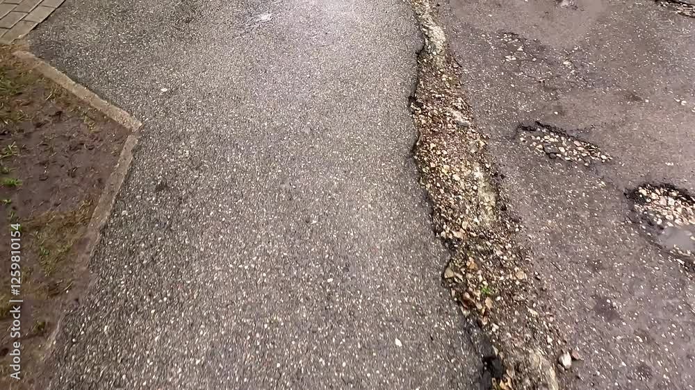 Damaged asphalt road surface with cracks and potholes showing ...