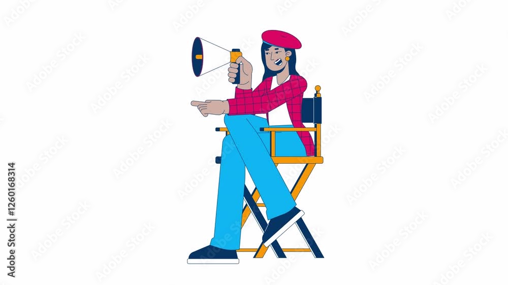 Female film director on chair with megaphone cartoon animation. Movie ...