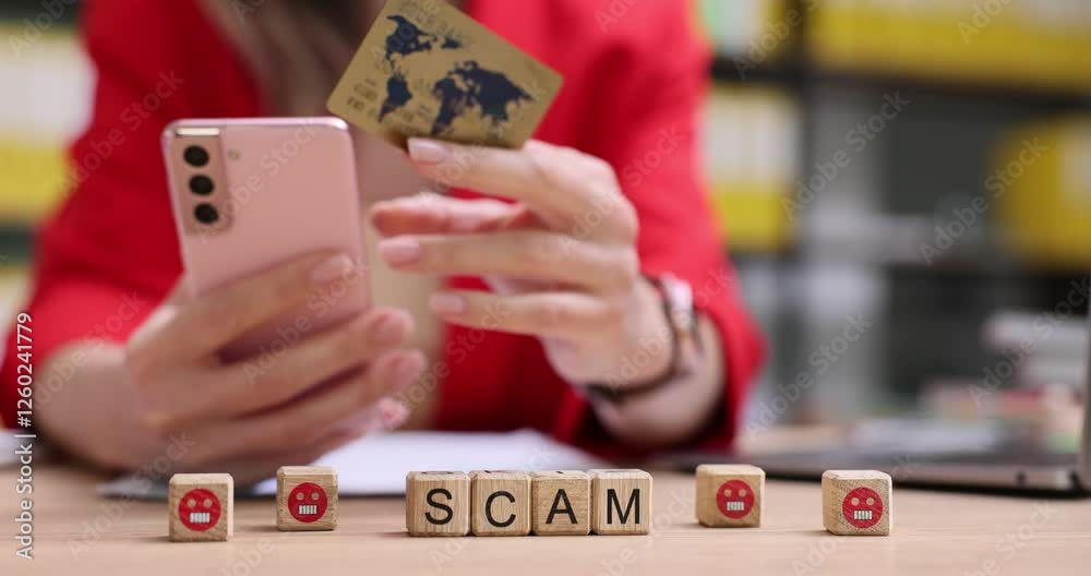 Word Scam with angry emojis and woman making online payment. Office ...