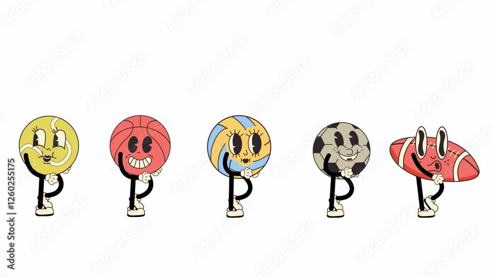 Set of retro cartoon style sport ball characters walking in a seamless ...