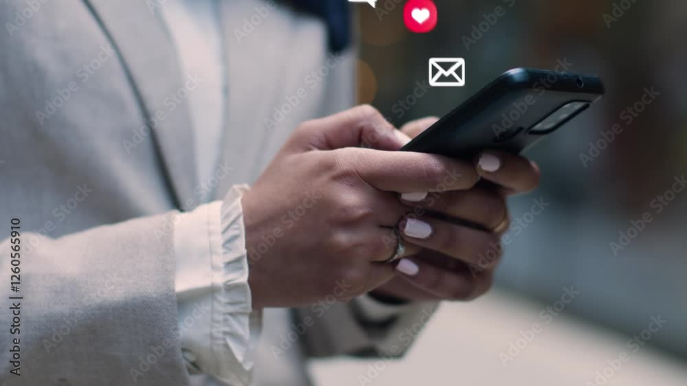 Close up business woman standing outside city offices looking at mobile ...