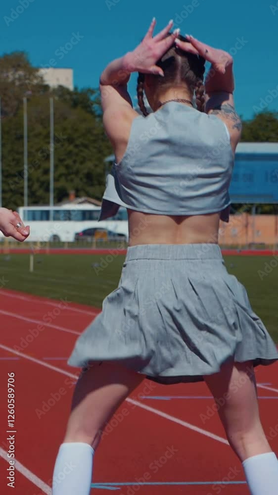 Vertical. Two fiery women joyfully dancing on a stadium track. Women ...