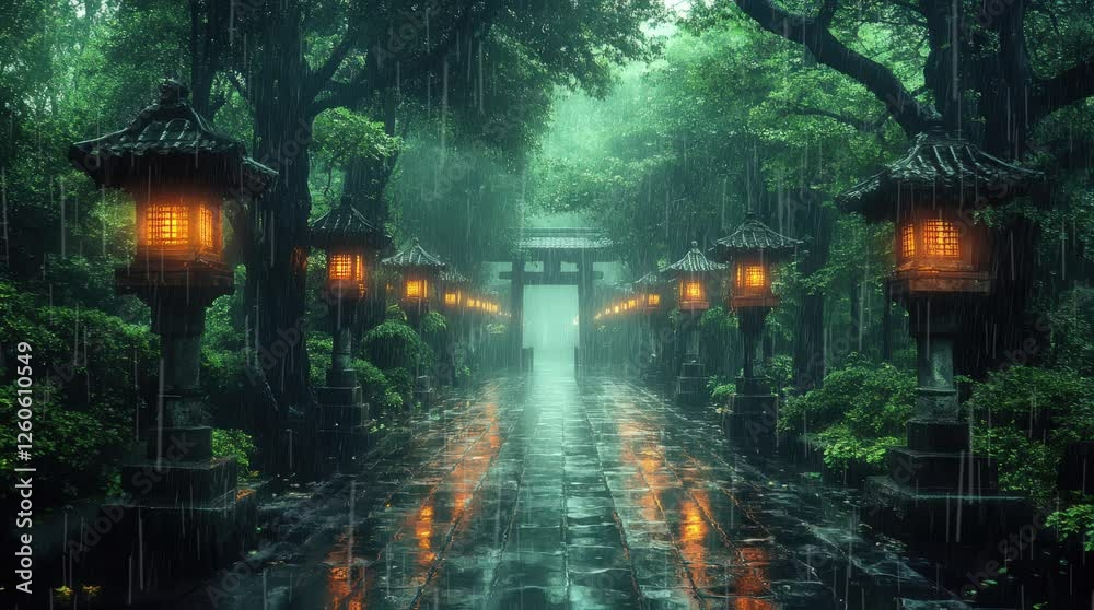 A mystical Japanese temple path in the rain, lined with glowing ...