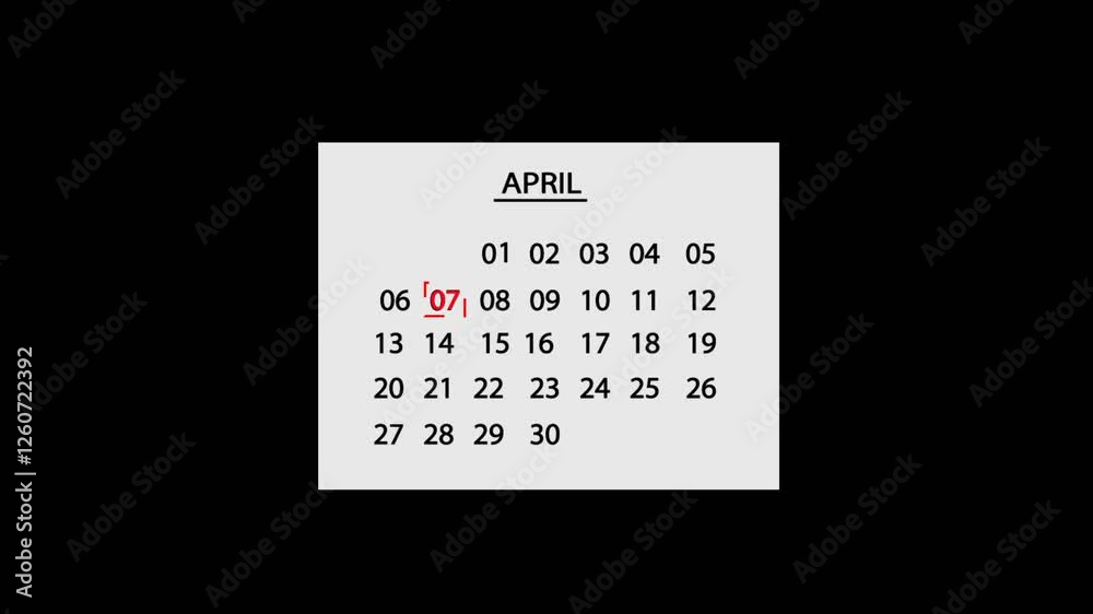 7 April Calendar Date Animation on black background. Calendar date icon ...