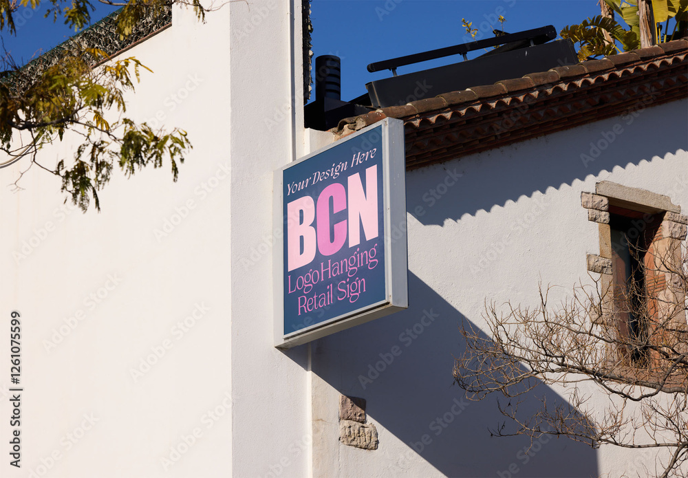 Unique Hanging Sign on a Business Facade in Barcelona Stock Template ...