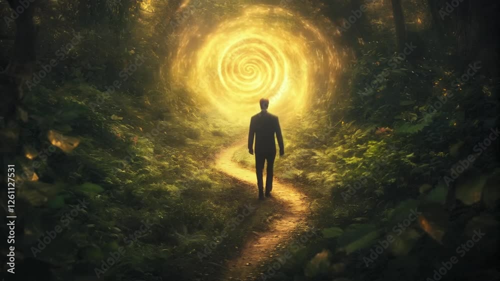 Scene of a man walking towards a swirling light, smooth repeating ...