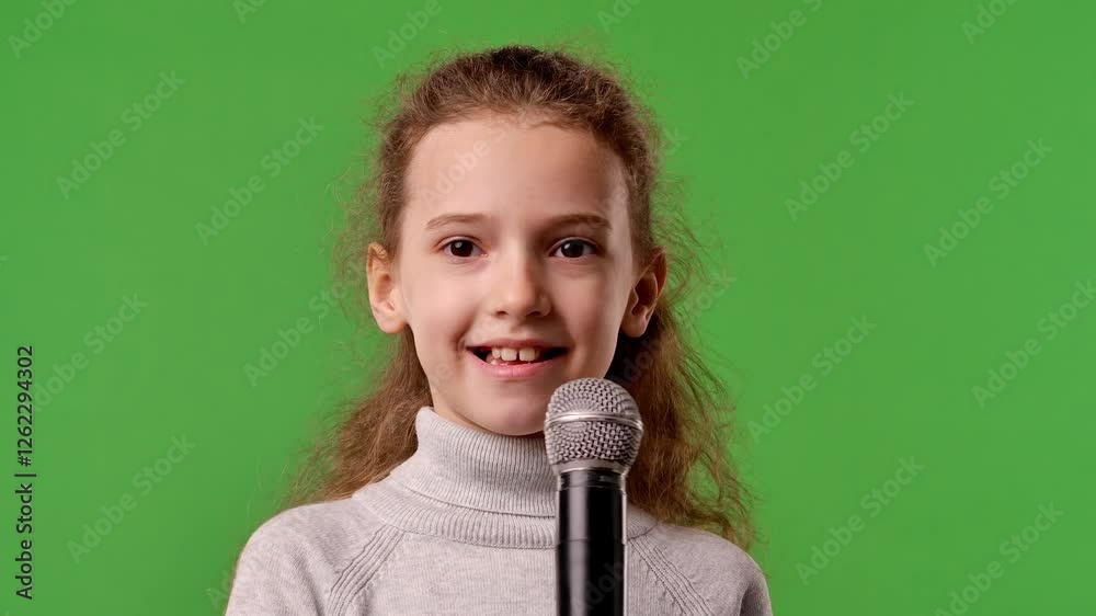 Little girl child singing song in karaoke microphone, positive ...