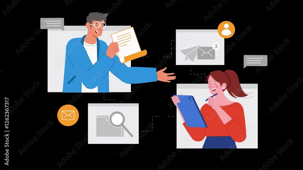 2D flat character animation demonstrating digital presentations, with ...