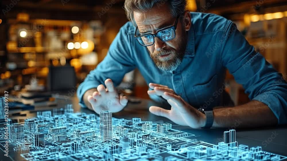 Vidéo Stock City Blueprint: A focused architect examines a detailed ...