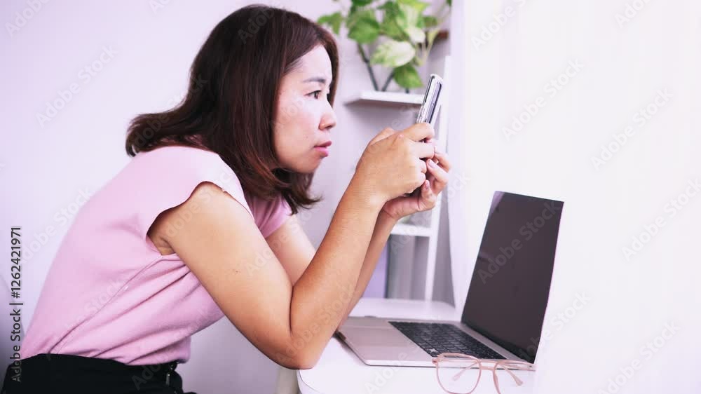 Asian woman with incorrect posture, hunched back, and forward head ...