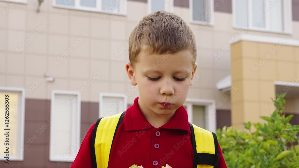 student with school backpack eat sandwich recess school yard. hungry ...
