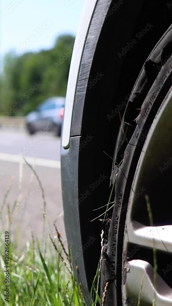 Vertical portrait footage of a car with a flat tyre after a large blow ...
