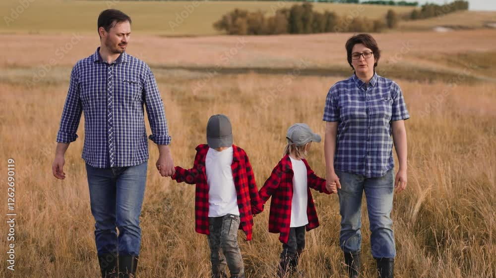 Farmers parents and little children walk joining hands in dry rural ...