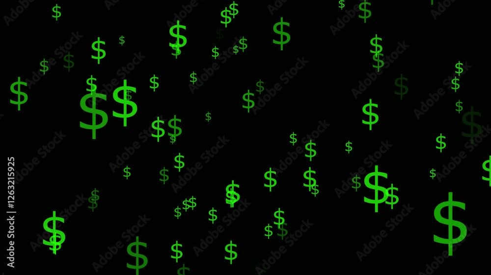 green dollar signs flying on black screen. 3D Dollar signs $ over a ...