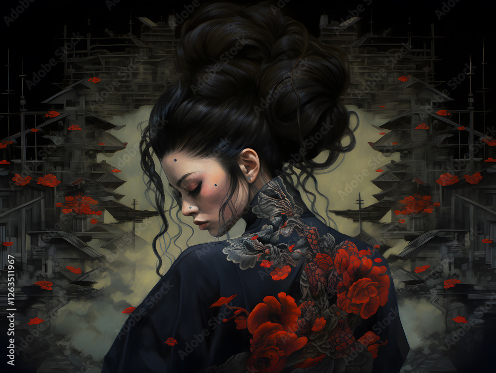 Poster A mysterious geisha in a dark costume approaches in the light of ...