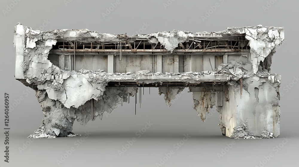 Poster A massive post-apocalyptic building facade, partially collapsed ...