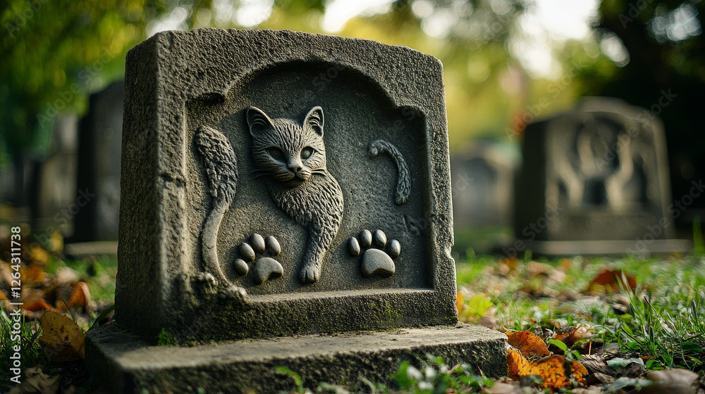 Poster Pet cemetery day landscape, tombstone with footprint inscription ...