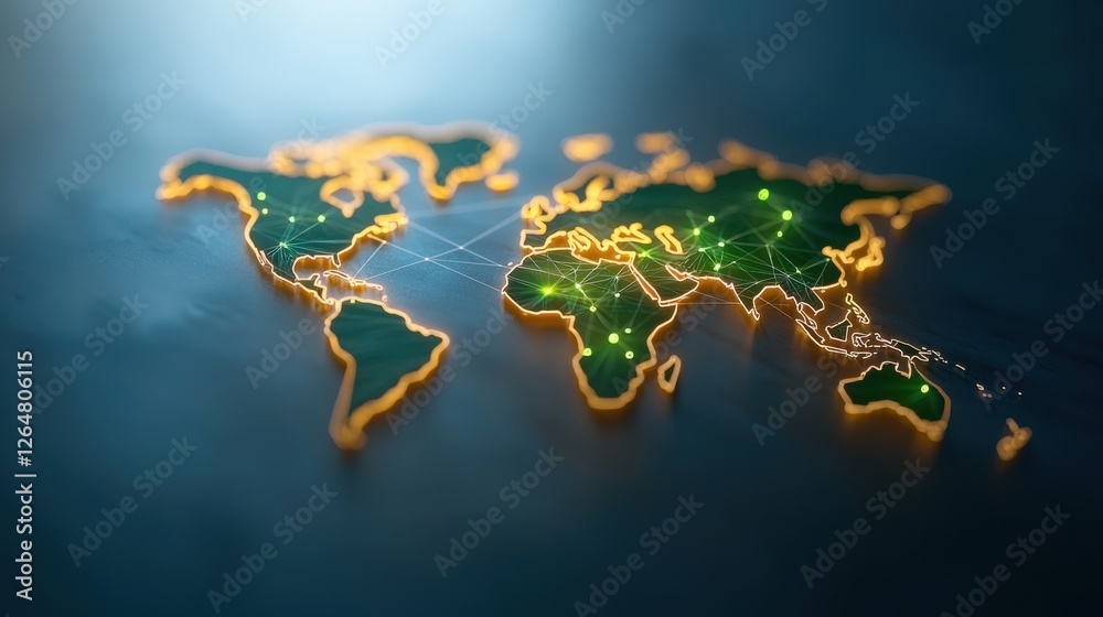 Poster Vibrant digital of a global map with luminous green network ...
