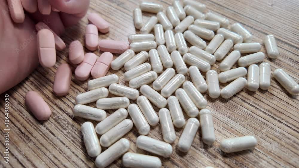 Different pills slowmotion. Colored pills of different shapes fall down ...