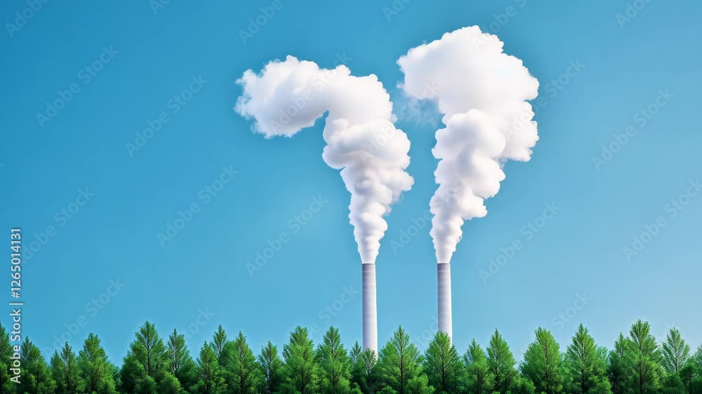 Carbon Capture Process with Emission Towers and Forest Against Clear ...
