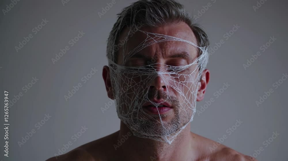 Shirtless middle aged man with closed eyes and spiderweb covering face ...