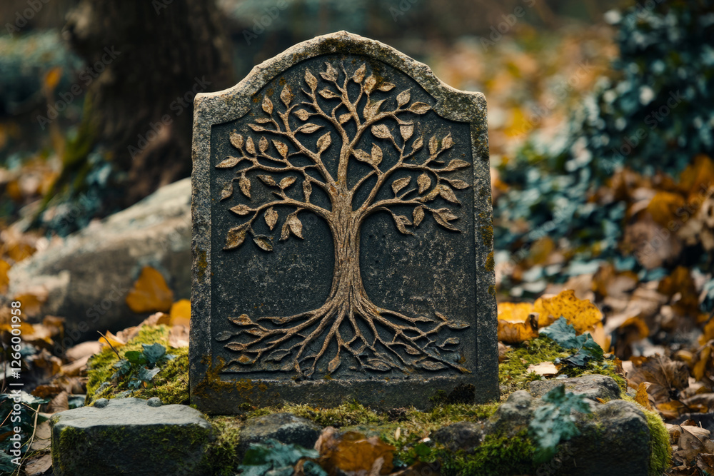 Photo & Art Print Golden tree of life carved on tombstone representing ...