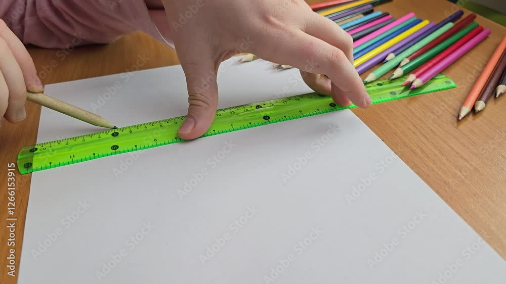 Video „Child’s hands using a ruler and pencil to draw a straight line ...