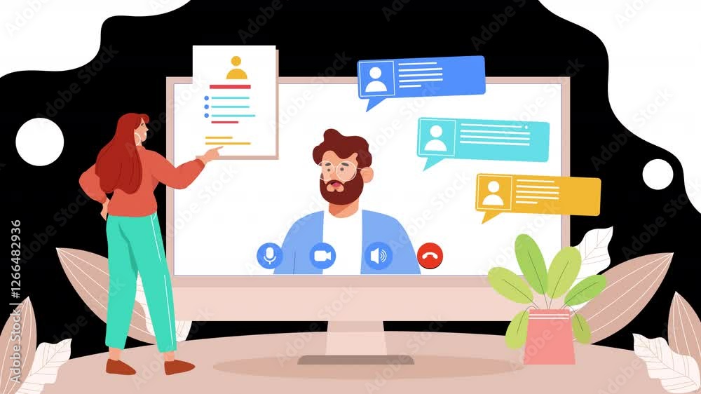 2D flat character animation where a character is in an interview room ...