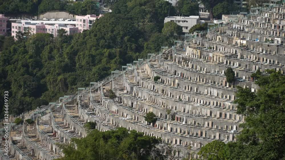 Hong Kong - January 8, 2025: A cemetery in Hong Kong consisting of ...