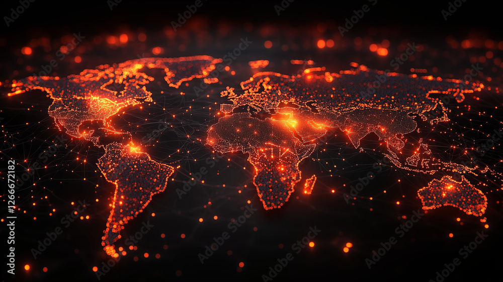Poster Global network visualization displaying glowing orange ...