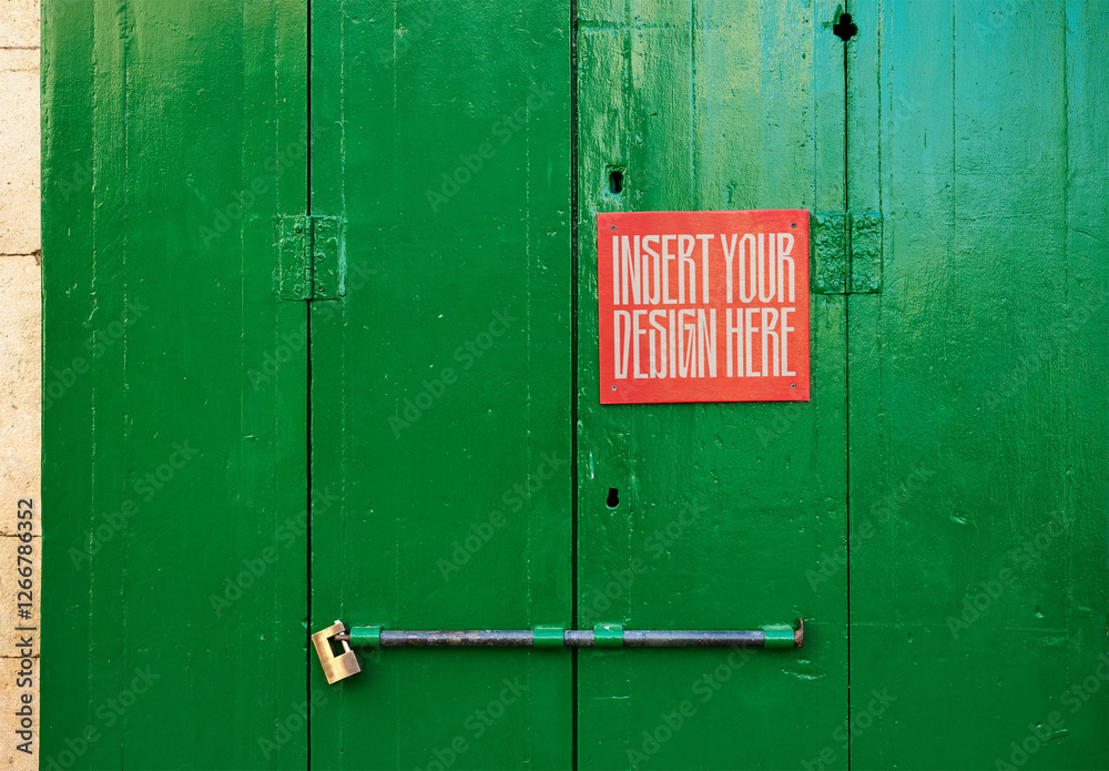 Small red sign on green wooden door with large latch and padlock ...