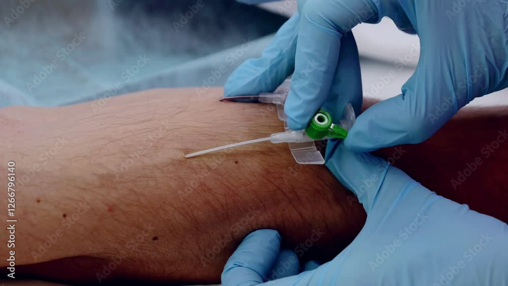 Nurse wearing blue gloves prepares and places an intravenous catheter ...