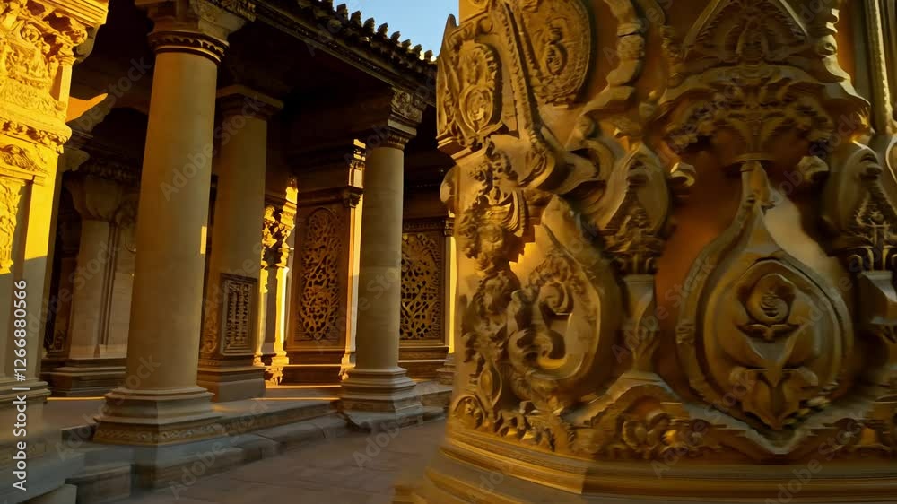 Pan video from left to right, revealing layers of ancient colonnade ...