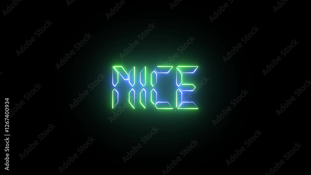 neon nice text with shiny light optical flares animation on black ...